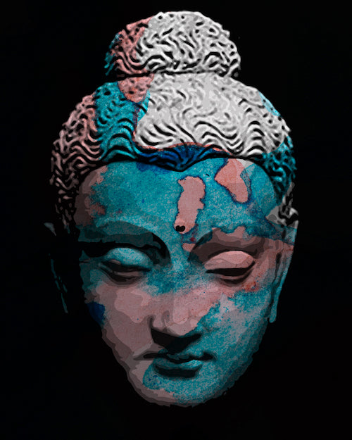 Buddha Portrait in Abstract Style, Original Oil on Canvas – Blue Surf Art